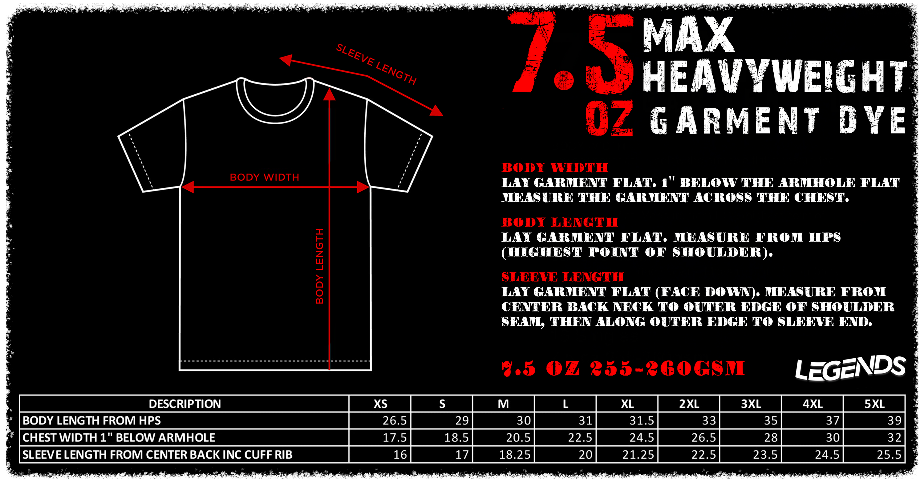 Size Chart – Legends Heavyweight Tees